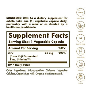 Solgar Earth Source Food Fermented Koji Zinc 25mg, 60 Vegetable Capsules - Higher-Absorption, Bioavailable Zinc for Immune & Skin Health - Non-GMO, Vegan, Gluten Free, Dairy Free, Kosher - 60 Servings