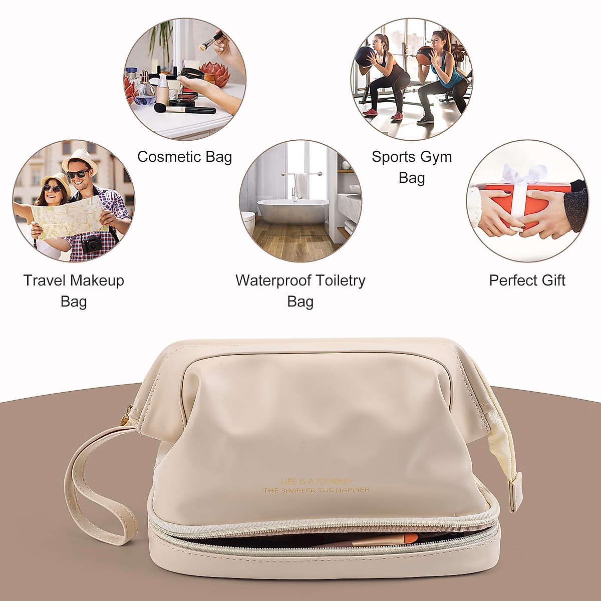 Cosmetic Travel Bag, Double Layer Cosmetic Bag, Large Makeup Bag, Travel Makeup Bag, Makeup Organizer Bag, Leather Cosmetic Bag, Waterproof Toiletry Bag for Women Girls (White)