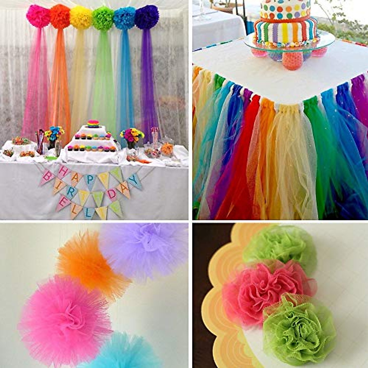 Supla 8 Colors Rainbow Tulle Rolls Tulle Netting Fabric Spool in 6" Wide 25 Yard/roll and 8 Colors Satin Roll Satin Ribbons in 2/5 Wide 25 Yard/roll and 12 Plain No Teeth Plastic Headbands 1" Craft