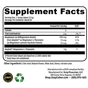 Suzy Cohen MagFocus Magnesium L-Threonate Powder with Magtein (Mixed Berry) Plus Magnesium Glycinate for Wellness, Focus, and Cognition - Gluten-Free, Non-GMO, Vegetarian (60 Servings)