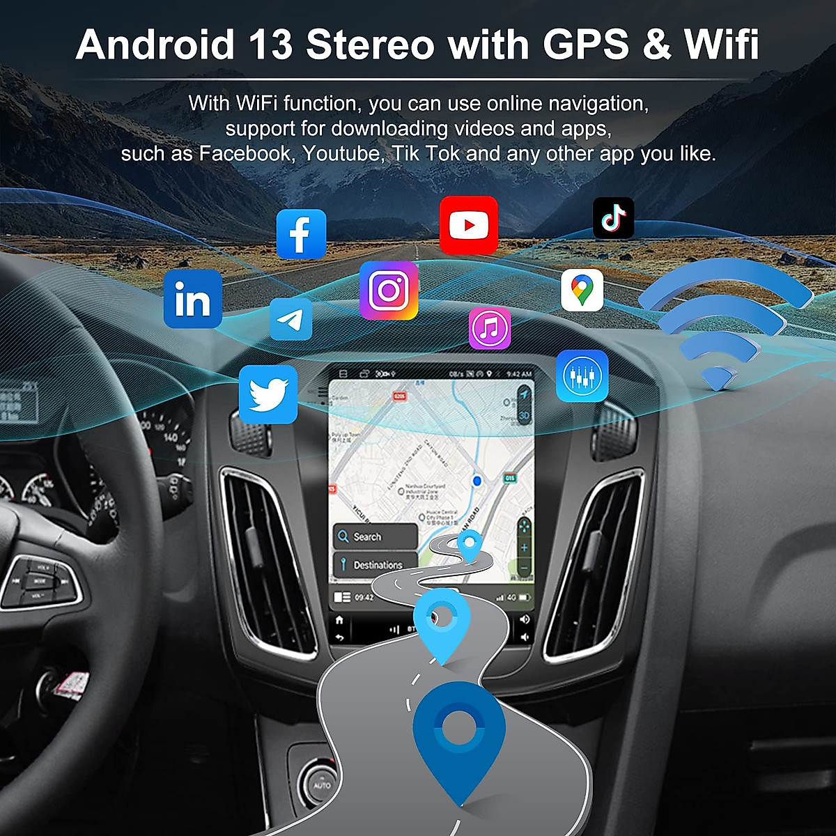 10.4 inches 5GWIFI 4GB+32GB Car Stereo Radio for Ford Focus 2012-2018 Android 13 Car Stereo Radio Upgrade T-Style Head Unit with Carplay/Android Auto with Bluetooth GPS Navigation FM/RDS 48EQ SWC