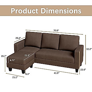 Furniwell Convertible Sectional Sofa Couch, L Shaped 3-Seat Small Couch for Living Room with Ottoman Modern Fabric Reversible Chaise for Apartment and Small Space (Brown)