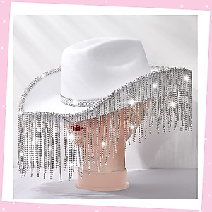 Rhinestone Cowboy Hat Glitter Cowboy Hat With Glasses, Headscarves, Adhesive Rhinestone Letter Patches(White, 1 Pack)