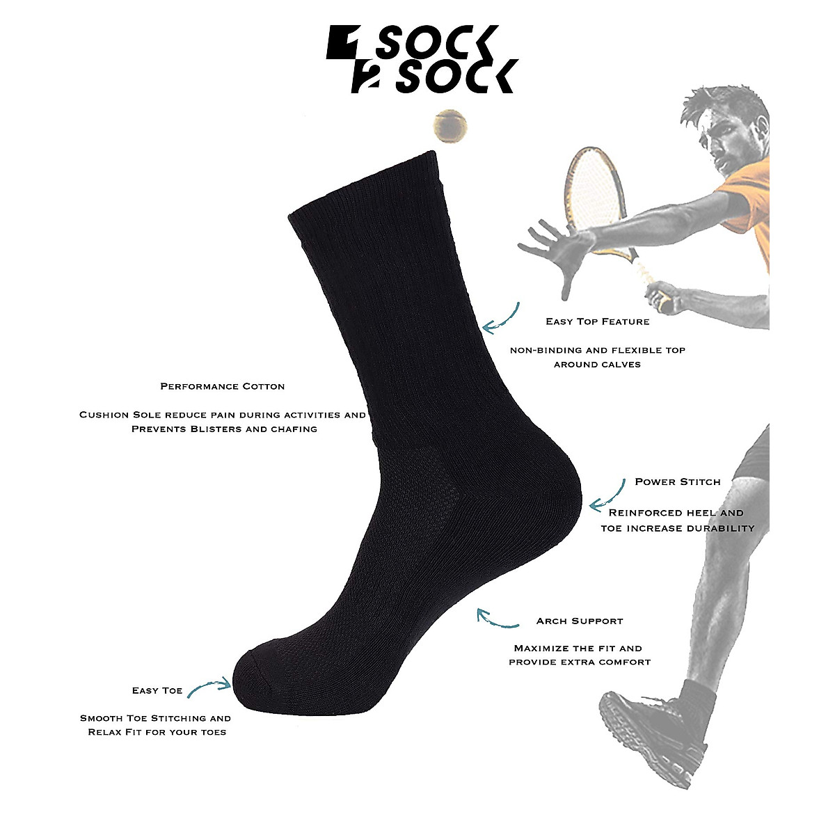 1SOCK2SOCK 6 Pack Performance Cotton Cushion Crew Athletic Sport Socks Moisture Wicking Arch Support Band Black