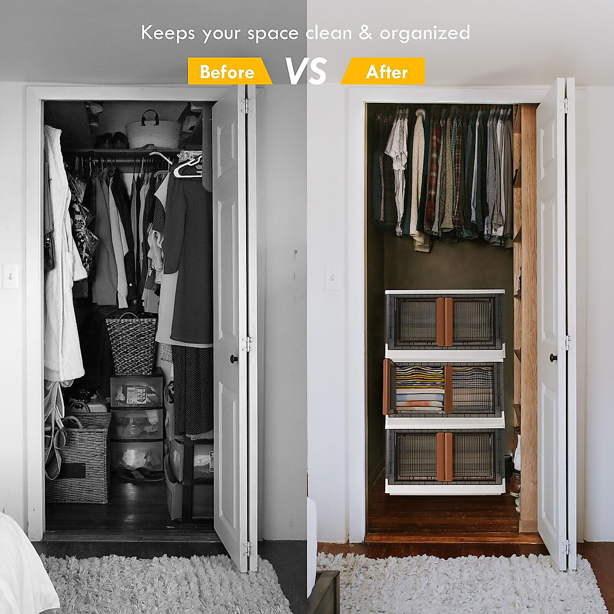 AJP Distributors 6 Pack of 19 GAL Stackable Storage Bins with Lids, Plastic Collapsible Totes, Folding Box Storage Containers, Stacking Wardrobe Closet Organizer For Home Office Clothing Books