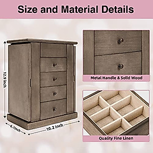 Emfogo Jewelry Box for Women, 5 Layer Large Wood Jewelry Boxes & Organizers for Necklaces Earrings Rings Bracelets, Rustic Jewelry Organizer Box with Drawers and Mirror(Weathered Gray)