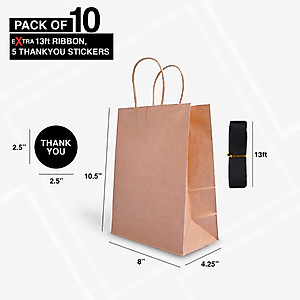 Stella Casa Brown Paper Bags with Handles 10pcs - 8x4.2x10.5inch, Kraft Paper Bags with a 5-meter black ribbon and 5 Thank You Stickers, Paper Gifts Bags for Merchandise and Daily Use.