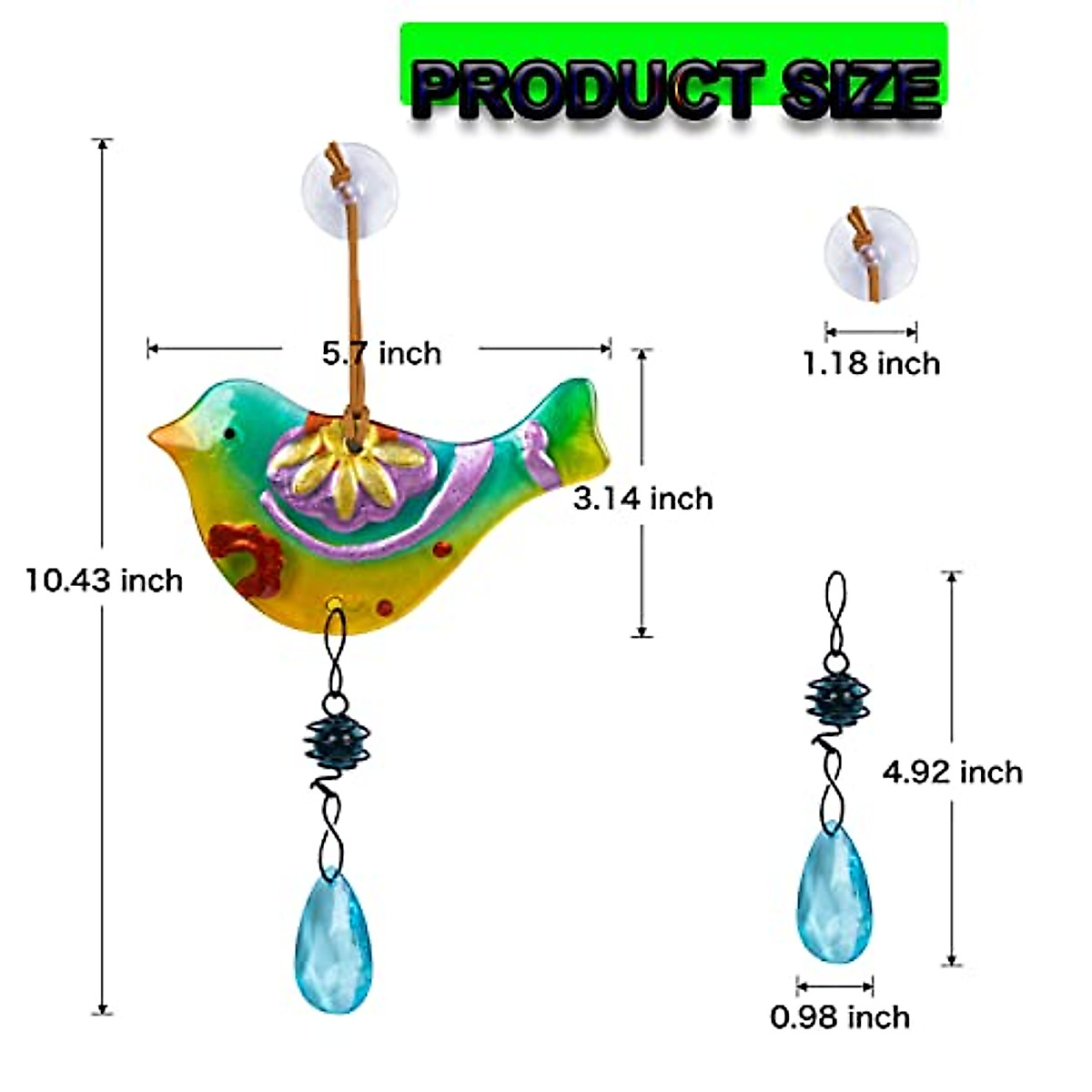 Fused Glass Bird Window Suncatcher,Indoor and Outdoor Hanging Decoration,with Crystal Pendant and Suction Cup,2 Pack Ornament for Home and Garden