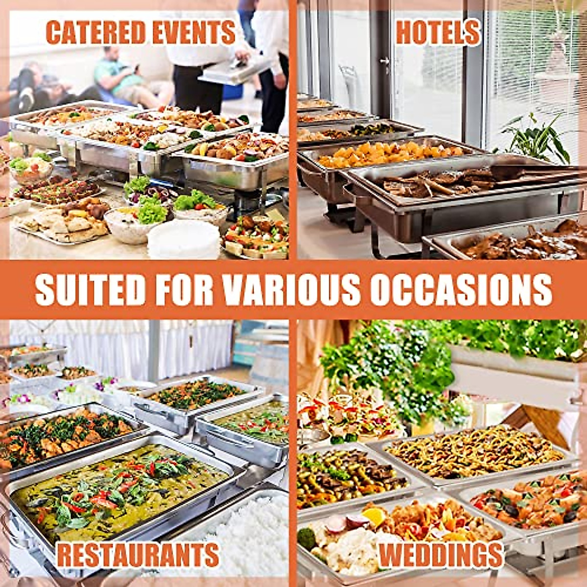 SUPER DEAL 8 Qt Stainless Steel 6 Pack Full Size Chafer Dish w/Water Pan, Food Pan, Fuel Holder and Lid For Buffet/Weddings/Parties/Banquets/Catering Events (6)