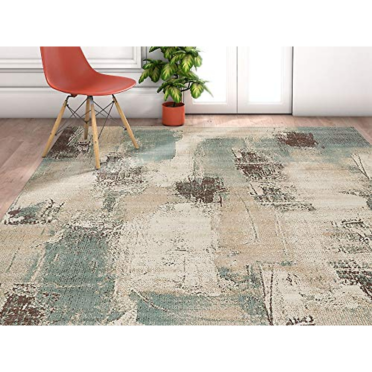 Well Woven Sandro Blue Tan Brown & Ivory Modern Abstract Short Pile Kilim Style (3'3" x 5') Area Rug Multi Color Pattern