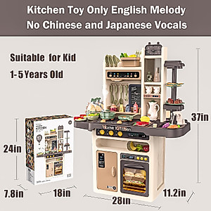 Play Kitchen - Kitchen Playset Pretend Food - Toy Accessories Set w/Real Sounds & Light, Play Sink, Cooking Stove with Steam, 65 PCS for Toddlers Kids 37 inch, Girls & Boys 3+ Years