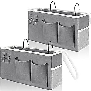 Kanrichu 2pcs Bedside Caddy Hanging Storage Bag, Organizer Baskets with Pockets for Bunk Bed Shelf and Hospital Beds, Loft & Dorm Rooms Chair Bed Rails Accessories (Gray)