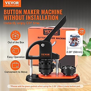 VEVOR Button Maker Machine, 2.25 inch/58mm Pin Maker with 100pcs Button Parts, Button Maker with Panda Magic Book, Ergonomic Arc Handle Punch Press Kit, for Children DIY Gifts and Christmas