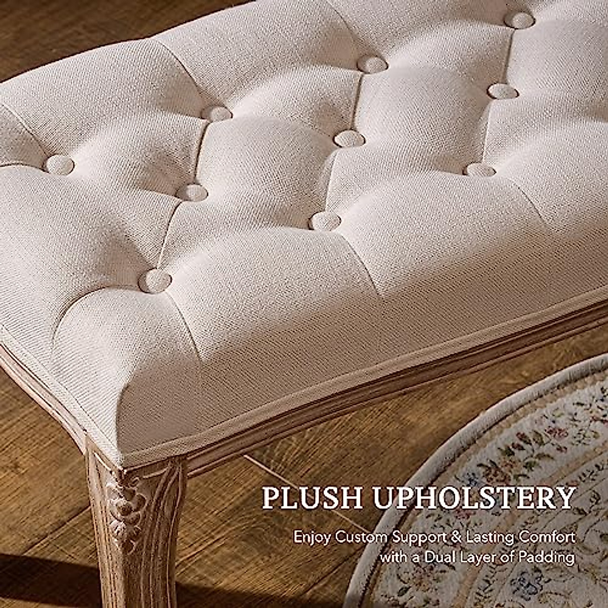 VONLUCE French Vintage Bench with Padded Seat & Rubberwood Legs, 44" Upholstered Entryway Bench & Dining Bench, Tufted Fabric End of Bed Bench for Bedroom Living Room Hallway More, Beige
