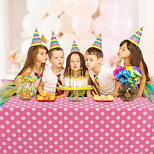 Kesfey 5 Packs Pink Polka Dot Tablecloth 54 x 108 Inch Minnie Mouse Table Cloths Pink and White Balloon Dots Minnie Theme Table Cover Disposable Plastic Rectangle Picnic Tablecovers for Birthday Party