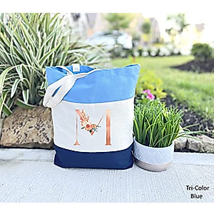 Customized Initial Tote Bag, Personalized Floral Initial Tote, Bridesmaid Gift, Bachelorette Party Gift, Wedding Gift, Birthday Gift (15"L x 15"H x 3"D, Tri-Color Blue)