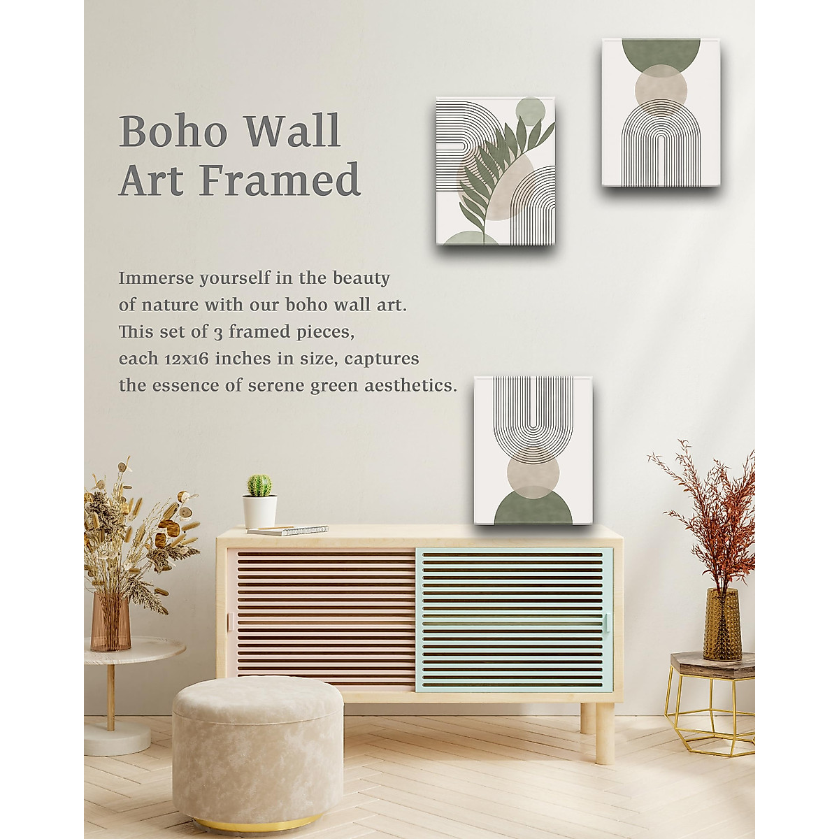 iHery Sage Boho Wall Art, 12x16in Framed Canvas Wall Art Pictures, Mid-Century Modern Wood Framed Abstract Prints for Bedroom,Minimalist wall Decor Bathroom 3Pack