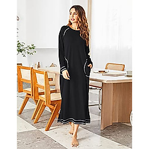 Ekouaer Nightgown Women's Long Sleeve Pajama Dress Round Neck Sleepwear Long Nightshirt A-black
