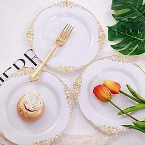 Nervure 100PCS White and Gold Plastic Plates - 7.5inch Gold Disposable Plates - Heavyweight Gold Plastic Plates - Gold Dessert Plates for Wedding & Party & Christmas