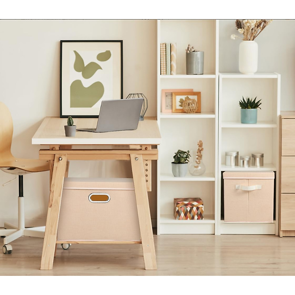 Voova Large Collapsible Storage Bins with Lids, 3 Pack Stackable Line Fabric Cube Storage Organizer, Foldable Closet Storage Boxes Baskets Containers with Cover for Clothes Bedroom Office Home,Apricot