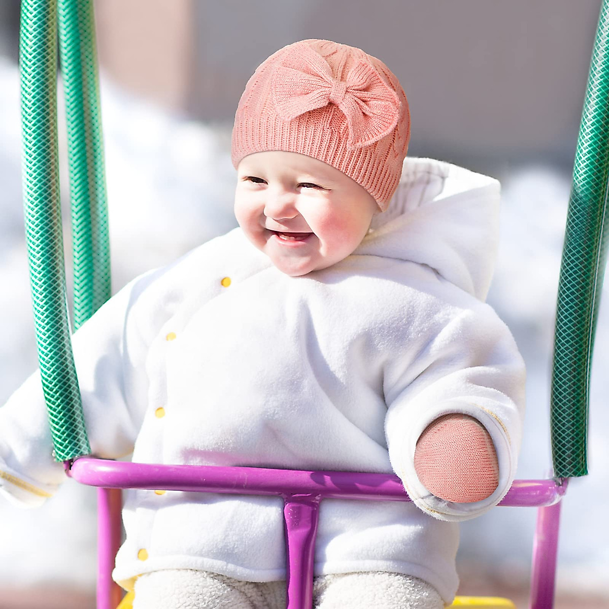 3 Set Toddler Hat Glove Set, Kids Winter Hats Warm Knitted Beanie Mittens Gloves with Bow for Baby Girls and Boys 0-6Y (White, Grey, Pink)