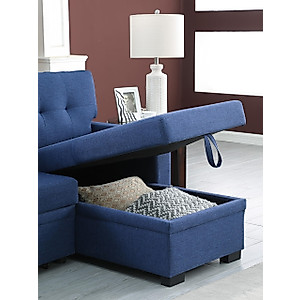 RENDGO 92 inch L-Shape Sectional Sleeper Sofa with Chaise Storage and Pull-Out Bed, Tufted Linen Backrest, Reversible 3-Seater for Living Spaces, Blue