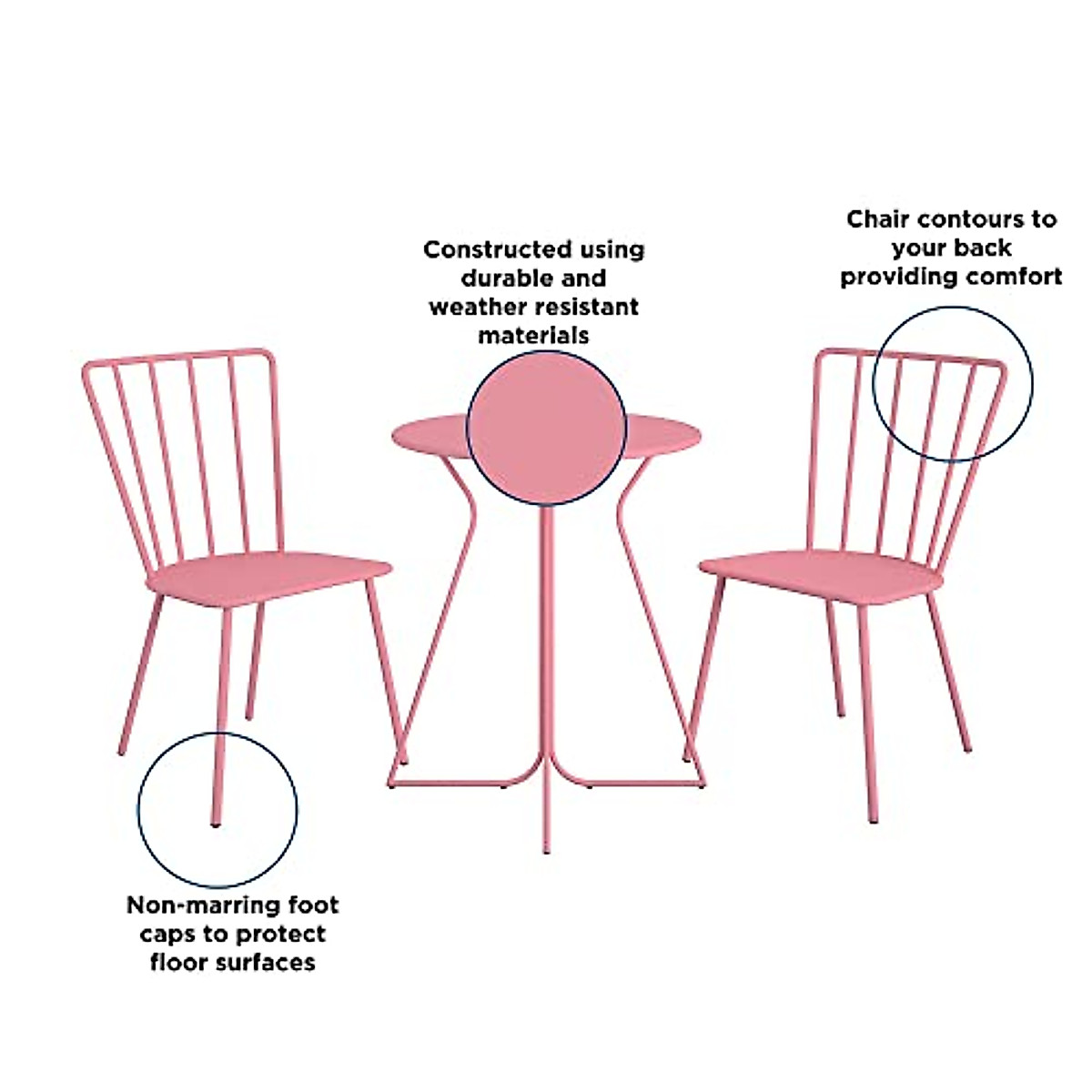 Novogratz Poolside Gossip Collection, Heidi Outdoor/Indoor Bistro Set, 3 Piece, Pink