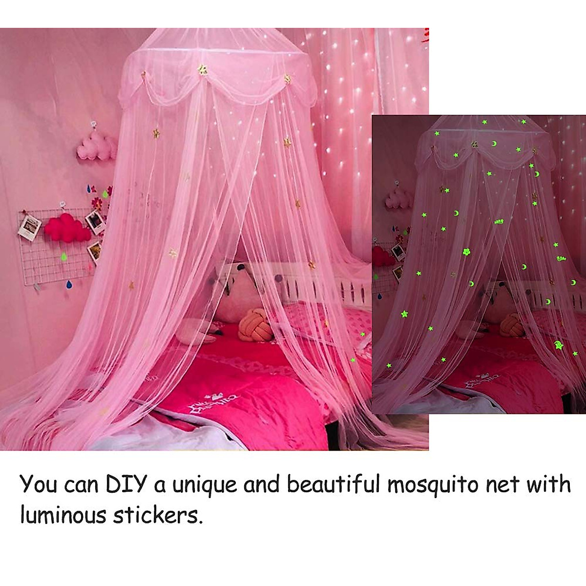 Lamdgbway Bed Canopy for Girls Glow in The Dark Stars and Moon Princess Mosquito Net Crib Hanging Tent Gift for Kids Birthday Bedroom Decor Pink
