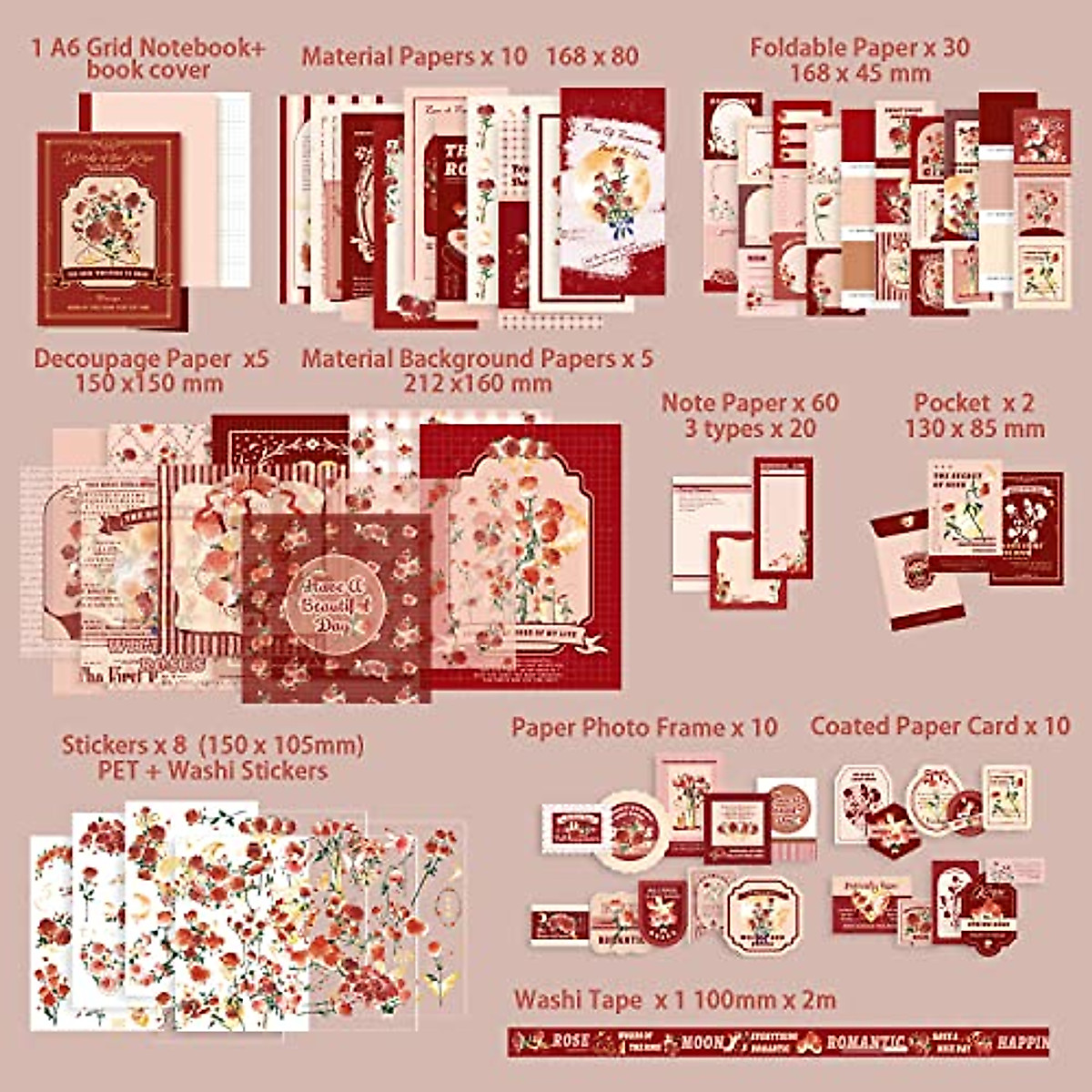 Scrapbooking Supplies Kit, Vintage Rose Aesthetic Scrapbook Kit for Bullet Junk Journal, Stationery, A6 Grid Notebook, Flower DIY Journaling Supplies, Birthday Craft Gift Teen Girl Kid Women