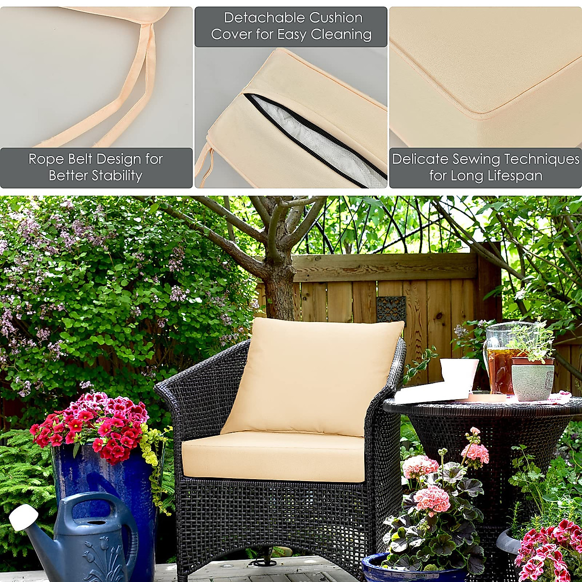 Giantex Patio Cushion Set, Deep Seat and Back Cushion, Outdoor Chair Pads with Ties, Cushion Replacement for Patio Furniture, Waterproof and High Resilient, 6 Inch Thick Indoor Floor Cushion