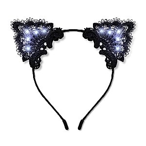 FlashingBlinkyLights Black Lace Light Up Kitty Cat Ears Headband with White LEDs