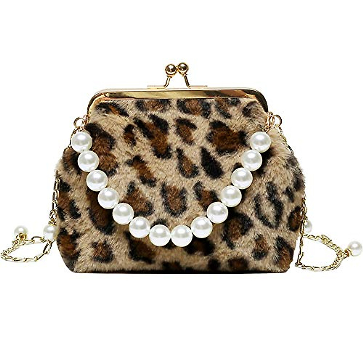PRACMANU Winter Women Leopard Plush Bag with Detachable Metal & Beaded Chains Girls Clutch Handbag Purse Female Shoulder Crossbody Bag