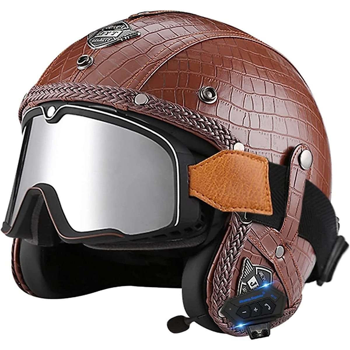 YMKJGZS Bluetooth Vintage Style Leather Helmet, 3/4 Open Face Retro Motorcycle Half Helmet with Goggles, DOT/ECE Certified Men Women Summer Scooter Light Moped Street Bike Helmet (6,2XL)