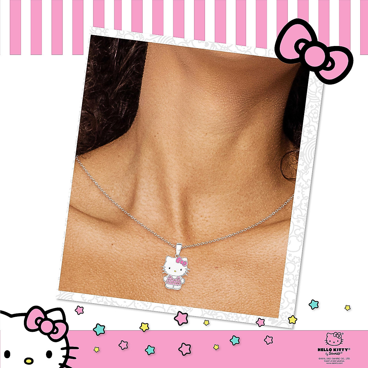 Hello Kitty Sanrio Womens Necklace Official License - Silver Plated Necklace with Enamel and Crystal Pendant
