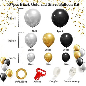 RUBFAC 137pcs Black Gold and Silver Balloon Garland Arch Kit, Metallic Gold Chrome Silver Balloons for Graduation, Birthday and New Year Party Party Decorations