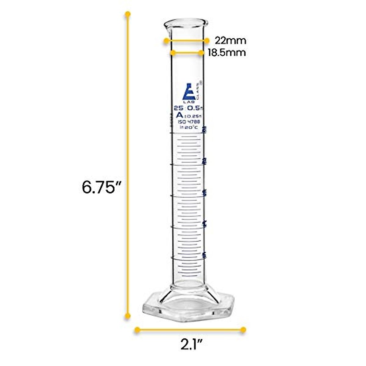 EISCO Graduated Cylinder, 25ml - Class A Tolerance ±0.25ml - Hexagonal Base - Blue Graduations - Borosilicate 3.3 Glass