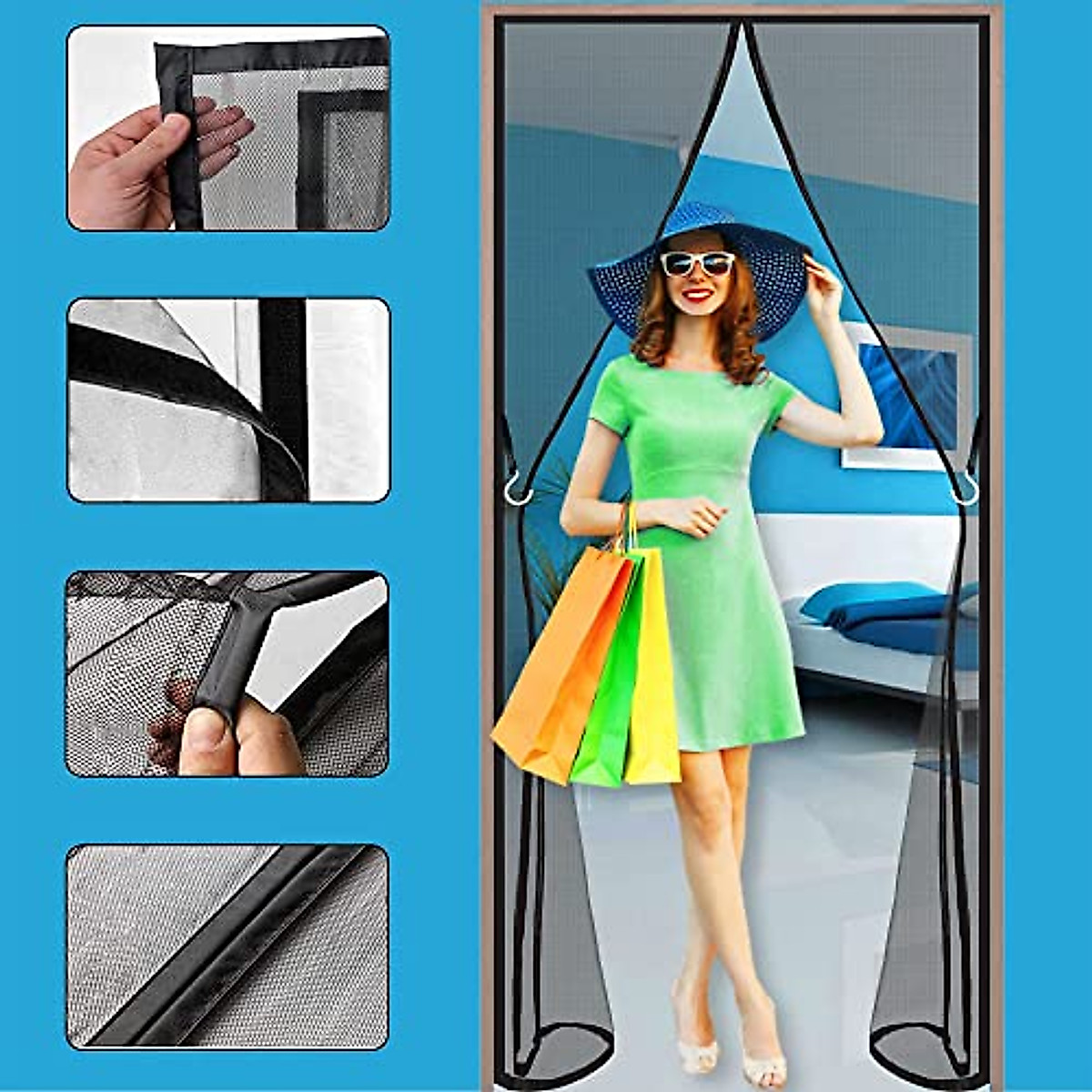 Magnetic Screen Door, Screen Size:32x96in/83x245cm(Width*Height)，Hands Free Mesh Partition,Heavy Duty Screen Door Mesh Curtain Keeps Bugs Out, Pet and Kid Friendly(Brown)