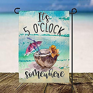 BLKWHT Summer Beach Garden Flag It's 5 O'Clock Somewhere Vertical Double Sided Tropical Fruit Coconut Burlap Yard Outdoor Decor 12.5 x 18 Inches A2152