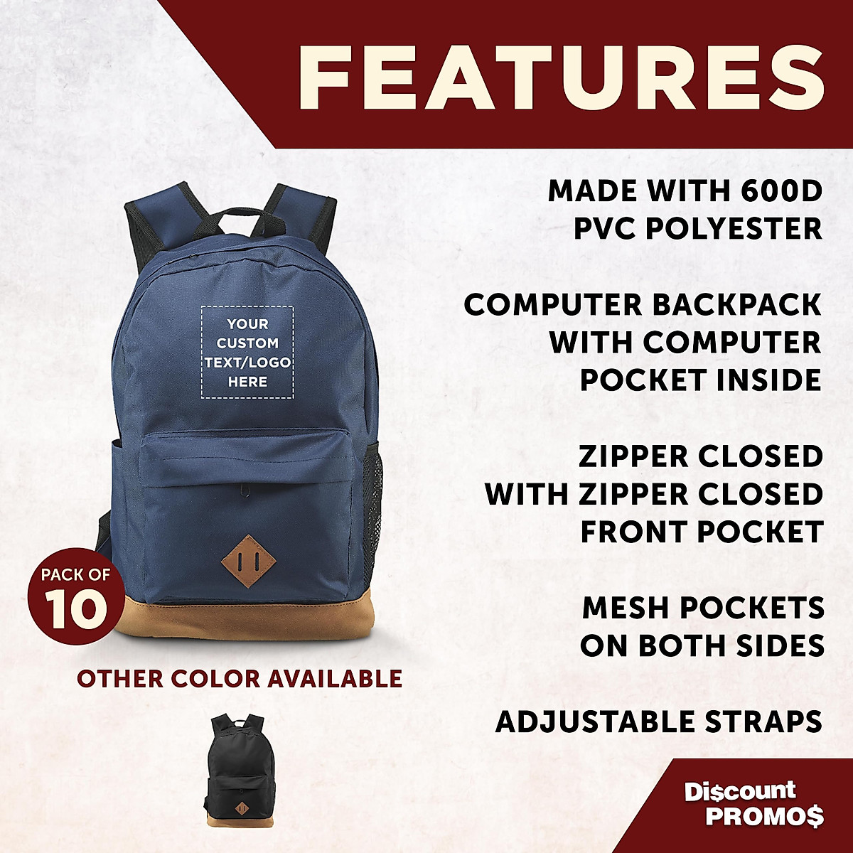 DISCOUNT PROMOS Custom Multipurpose Laptop Backpacks Set of 10, Personalized Bulk Pack - Lots of Features for Everyday Use, Perfect for Students,Employess, Businessman - Blue