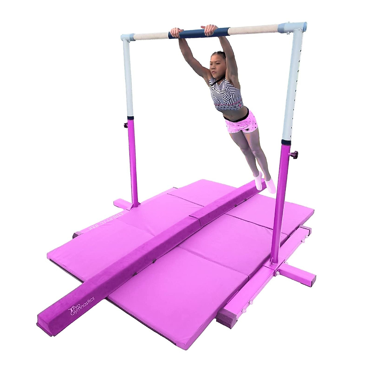 Athletic Bar Expandable Gymnastics Kip Bar 3 in 1 Set with Balance Beam, 6'x4' Mat for Kids, Horizontal Bar Junior Gymnastic Training Exercise for Gymnast Home Gym Height Adjustable 3 to 5 FT (Pink)