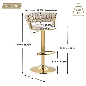 KINFFICT Velvet Swivel Bar Stools Set of 2, Adjustable Counter Height Bar Stool with Woven Back, Upholstered Kitchen Dining Chairs, Modern Barstools for Kitchen Island, Cafe, Pub, Bar Counter(Ivory)