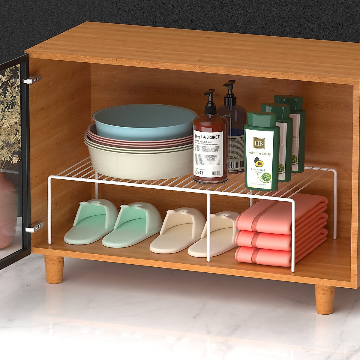 Redrubbit Cabinet Storage Shelf Rack, 4 Piece Expandable Metal Rustproof Kitchen Counter and Cabinet Shelf, Storage Rack Organizer Space Saver for Kitchen, Fridge, Cabinet, Bathroom, White, Set of 2