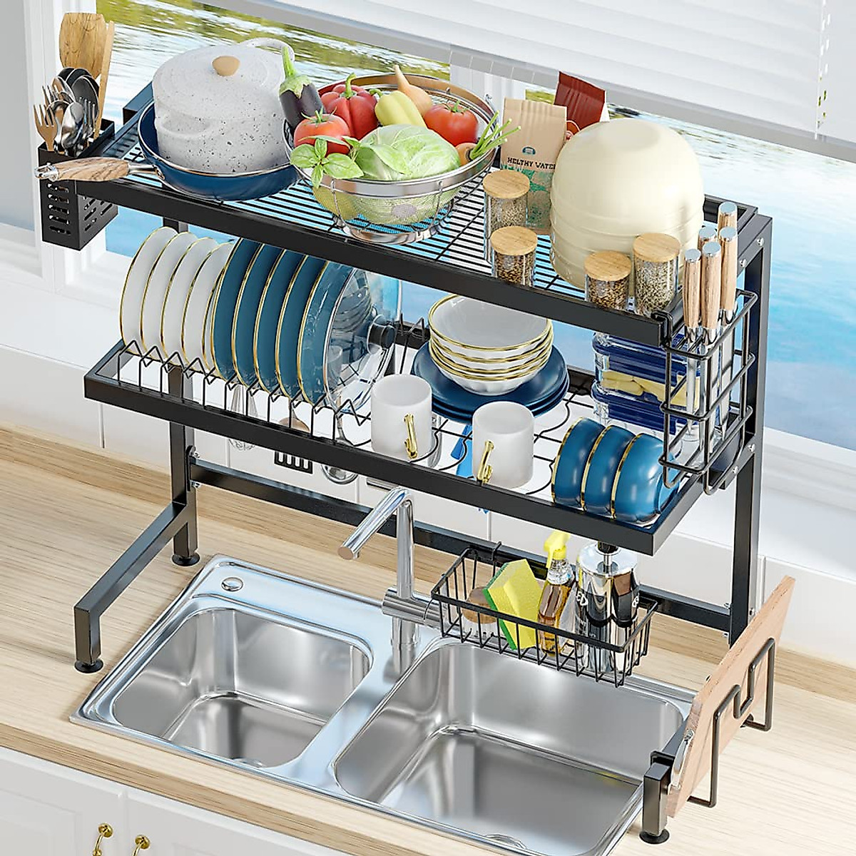 NETEL Over The Sink Dish Drying Rack, 3-Tier（25.6"） , Stainless Steel Dish Drainer with Cutting Board Holder, Large Dish Rack for Kitchen Counter Organizer Space Saver (Sink Size≤24inch, Black)