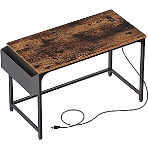 Rolanstar Computer Desk with Power Outlet, Home Office PC Desk with USB Ports Charging Station, 39" Desktop Table with Side Storage Bag and Iron Hooks, Stable Metal Frame Workstation, Rustic Brown