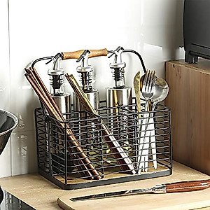 VANRA Utensil Holder Kitchen Condiment Organizer Utensil Caddy Storage Basket Organizer Metal Flatware Caddy with Wood Handle, Black