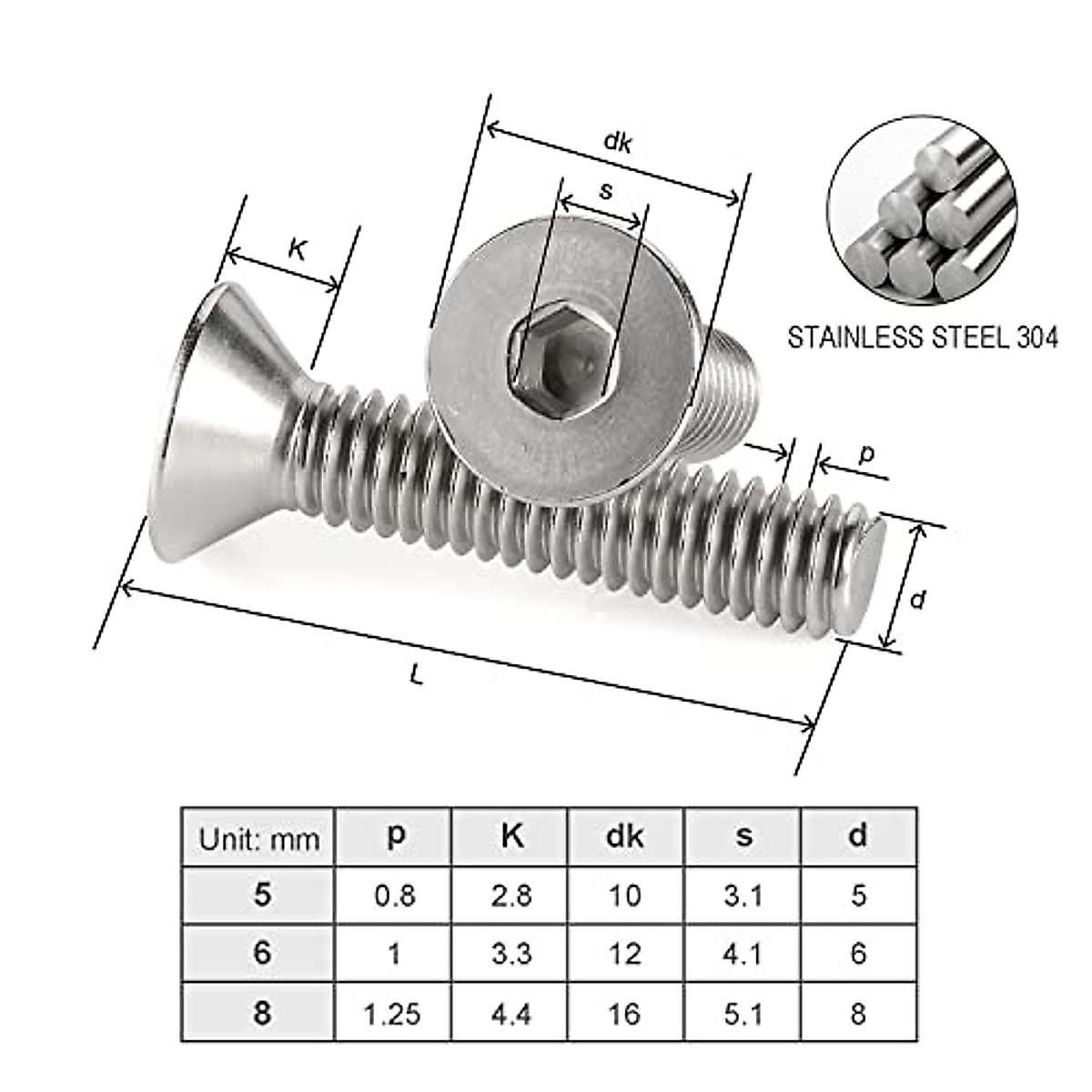 M6-1.0 x 20MM Flat Head Socket Cap Bolts, Allen Socket Drive Full Thread Bolt, Stainless Steel 304(18-8), Bright Finish, Quantity 50