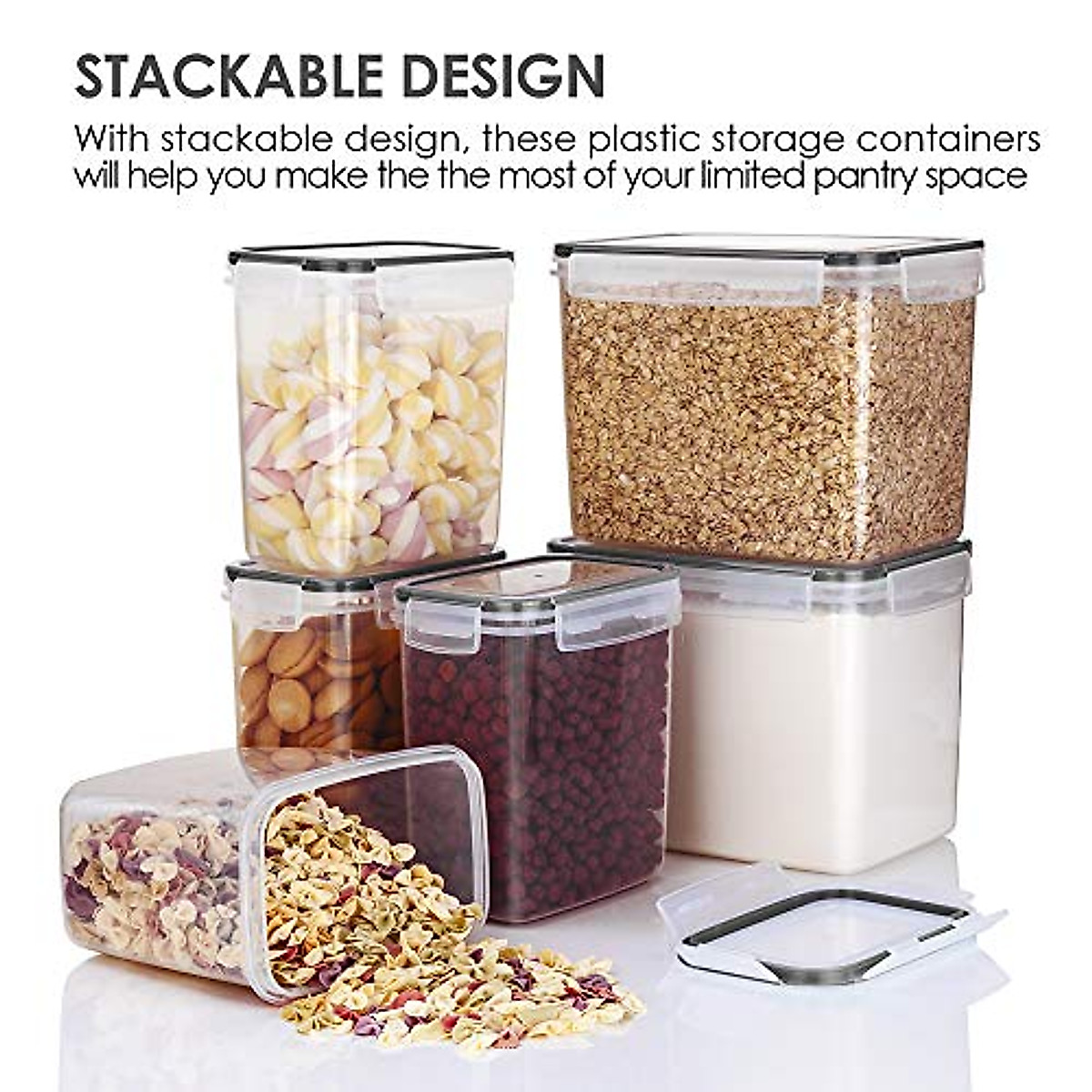 Vtopmart Airtight Food Storage Containers 6 Pieces - Plastic BPA Free Kitchen Pantry Storage Containers for Sugar,Flour and Baking Supplies - Dishwasher Safe - Include 24 Labels, Black