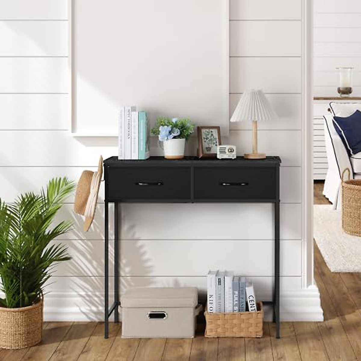 Console Table with 2 Drawers, Black Entryway Table with Storage, 31.5" Behind Couch Table Skinny Small with Hooks and Fabric Drawers, Sofa Table Hallway Table for Entryway, Living Room