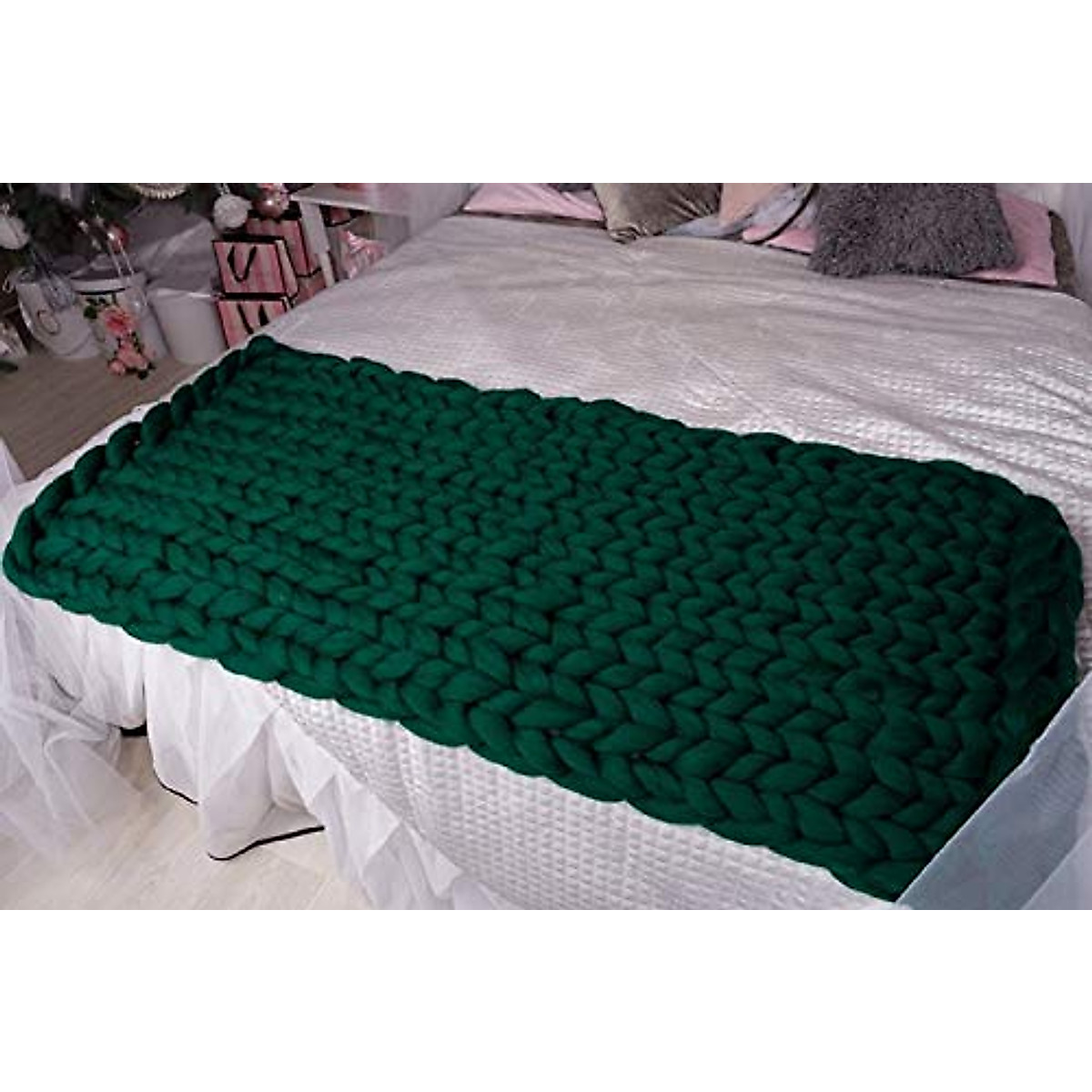 Inverse growth Handmade Chunky Knit Blanket Large Thick Wool Bulky Knitting Throw for Bedroom Decor Pet Bed Chair Mat Rug Dark Green 48"×60"