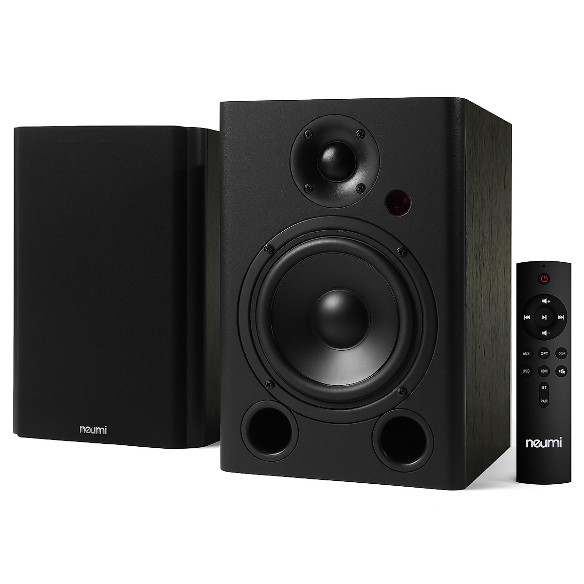NEUMI BS5P-ARC 75-Watt Powered Bookshelf Speakers, Bluetooth, HDMI, USB, Optical, Coaxial, Remote Control, 5-Inch Woofer, 1-Inch Tweeter, Dark Wood, 1 Pair